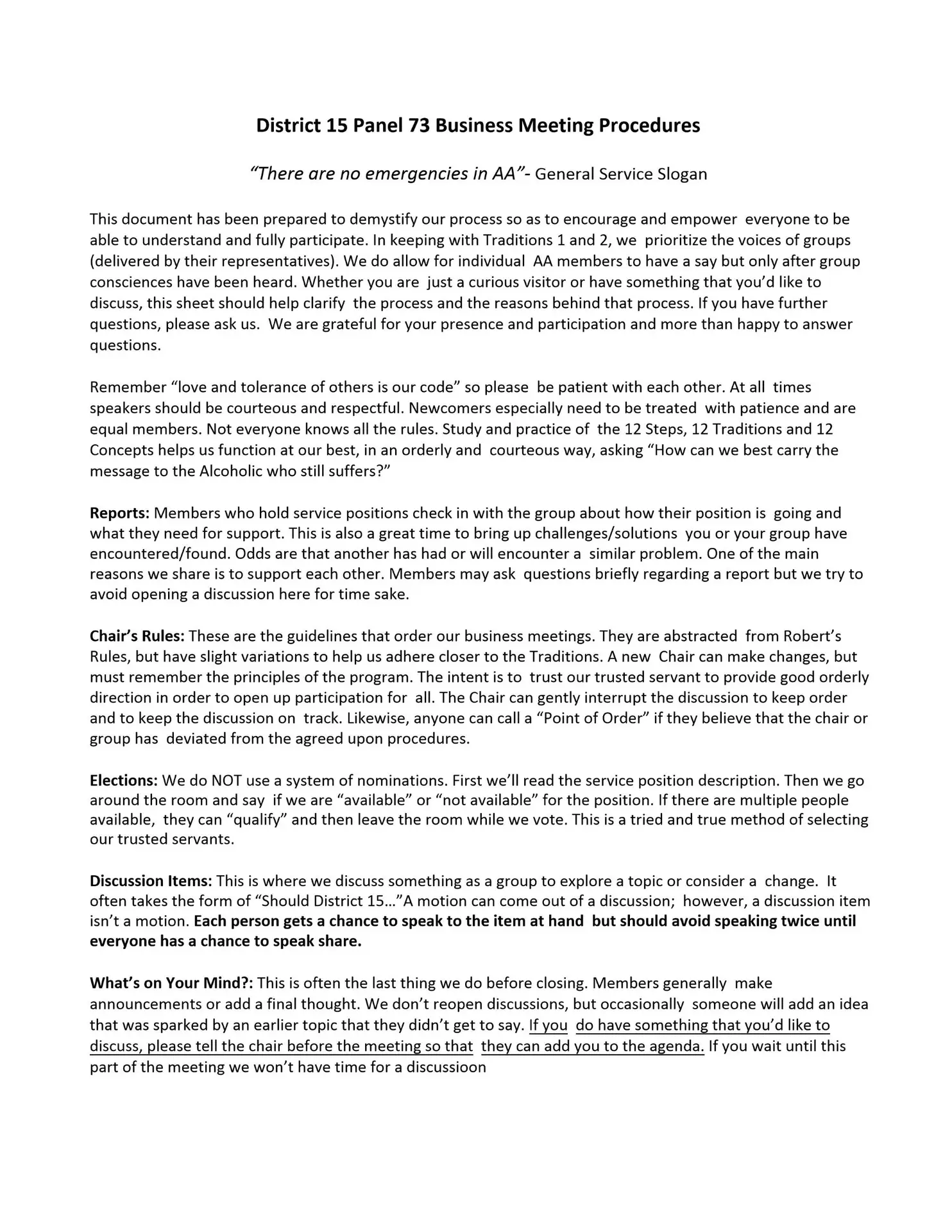 District 15 Business Meeting Procedures